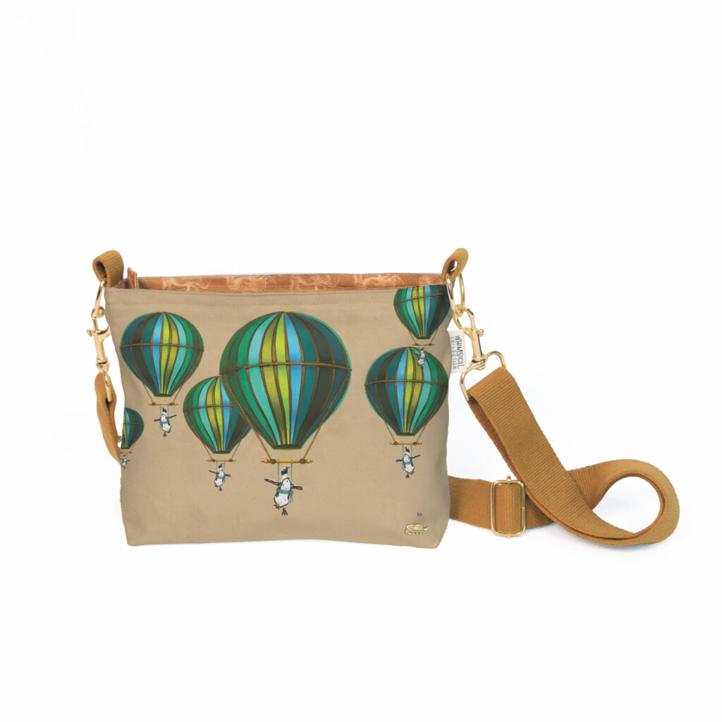 Muted Blue Penguin in Flight Sling Bag | Whimsical Collection