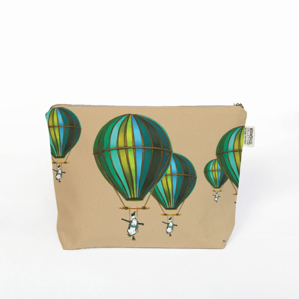 Muted Blue Penguin in Flight Toiletry Bag | Whimsical Collection