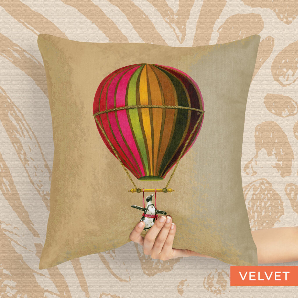 Muted Pink Penguin in Flight Velvet Pillow Cover | Whimsical Collection